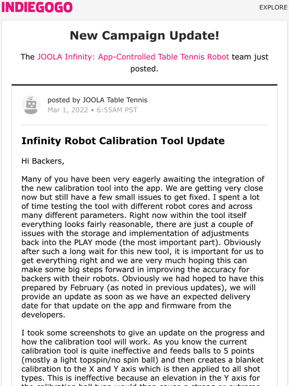 Indiegogo: Update #47 from JOOLA Infinity: App-Controlled Table Tennis ...