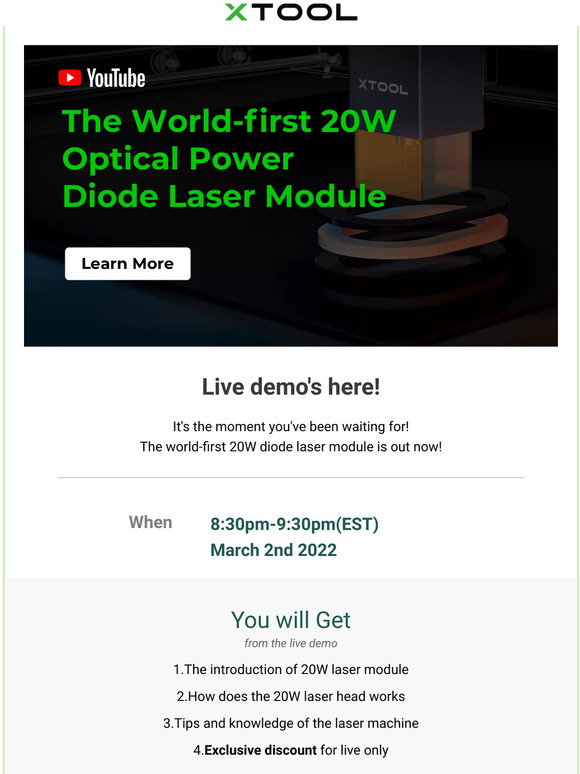 xTool: Launch now: World-first 20W diode laser module | Milled
