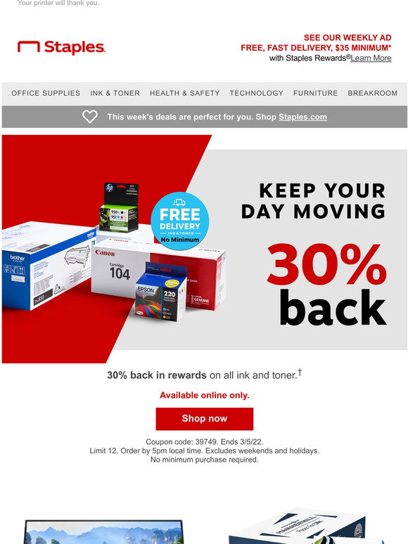 Staples: Get 30% back in rewards on ink and toner! | Milled