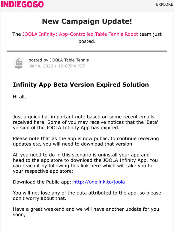 Indiegogo: Update #48 from JOOLA Infinity: App-Controlled Table Tennis ...