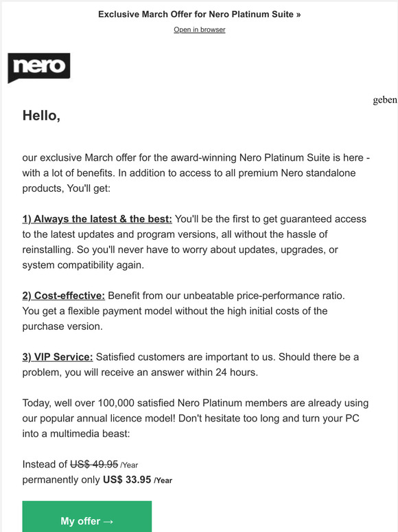 Nero: Hello, here is your exclusive March offer | Milled