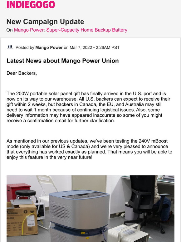 Indiegogo: Update #11 from Mango Power: Super-Capacity Home Backup ...