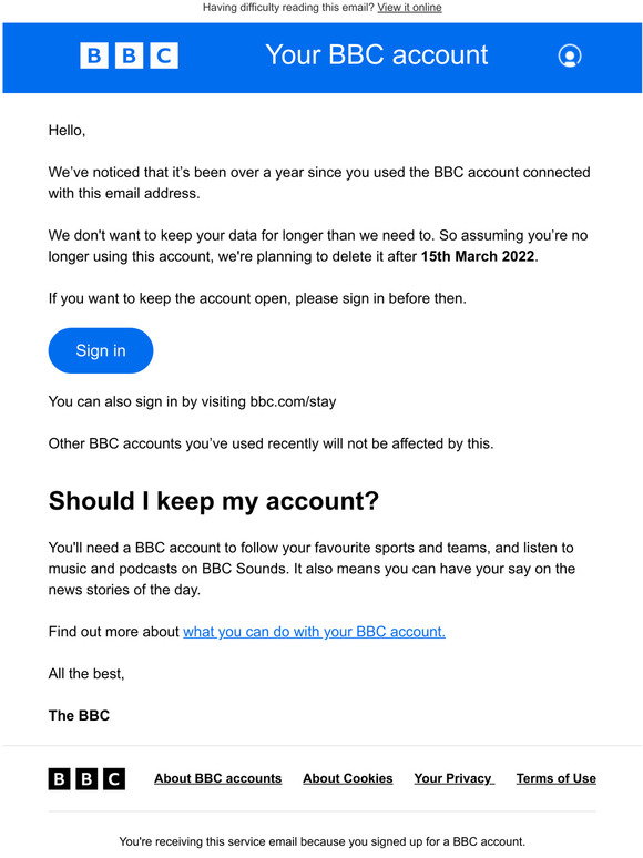 BBC Shop: Your BBC account will be deleted soon | Milled