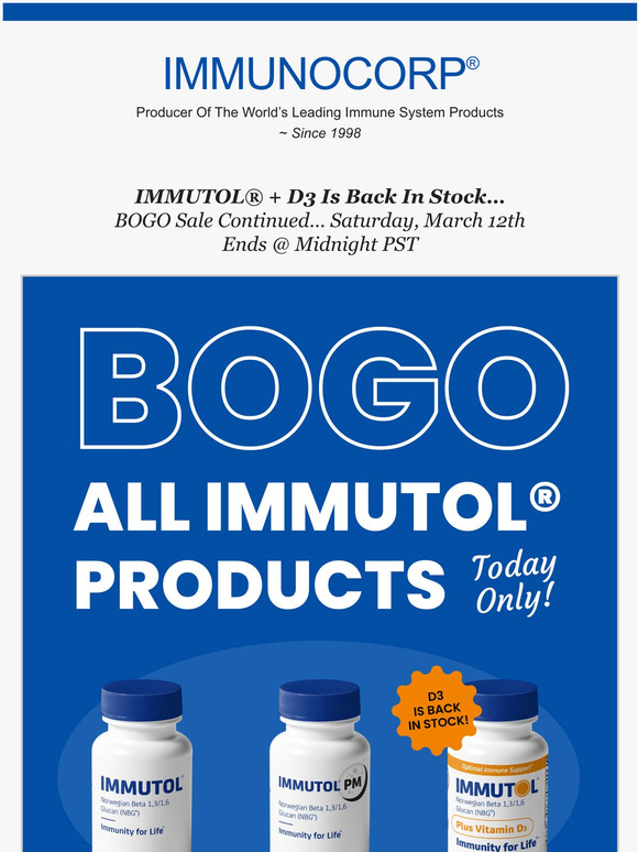 Immunocorp: IMMUTOL + D3 Is Back In StockBOGO Sale Contined | Milled