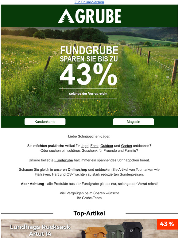 Grube - Forstbedarf & Jagdshop: Frhlingsschnppchen bis zu -43 % | Milled