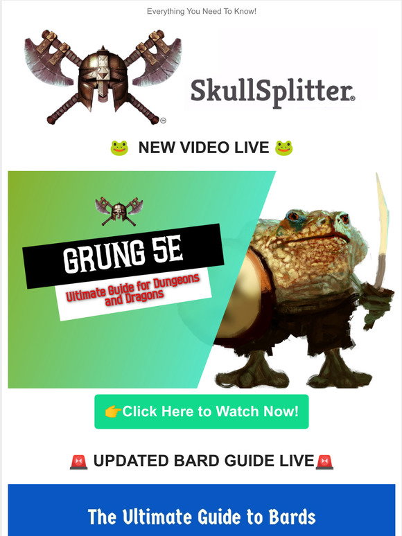 SkullSplitter Dice: Grung 5e Video PLUS Updated Bard Guide LIVE! | Milled