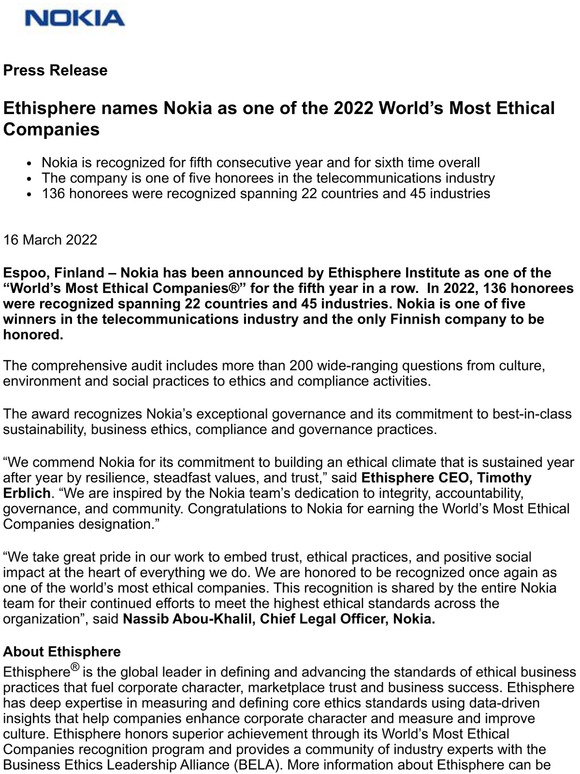 Withings: Ethisphere names Nokia as one of the 2022 Worlds Most Ethical ...