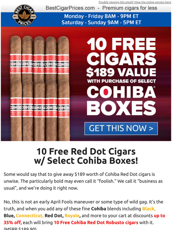 Best Cigar Prices: 10 Free Red Dot Cigars w/ Select Cohiba Boxes! | Milled