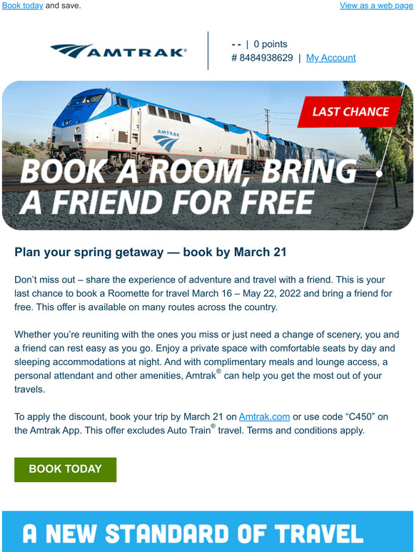 Amtrak: Last chance: book a private room, bring a friend for free. | Milled