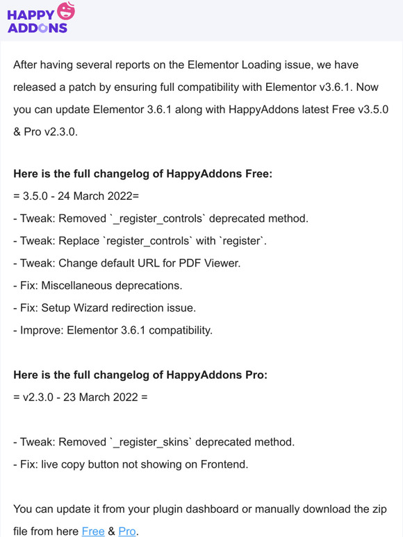 Happy Addons: [Release] Compatibility with Elementor v3.6.1 (HappyAddons Free v3.5.0 & Pro v2.3. ...