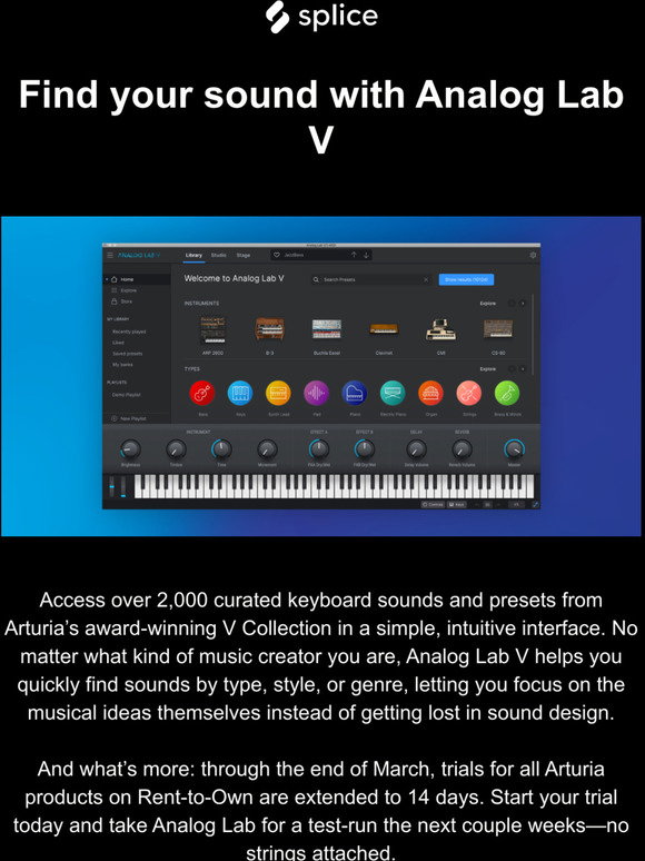 Splice: Rent-to-Own Arturias Analog Lab V, just $9.99/mo for 20 months ...