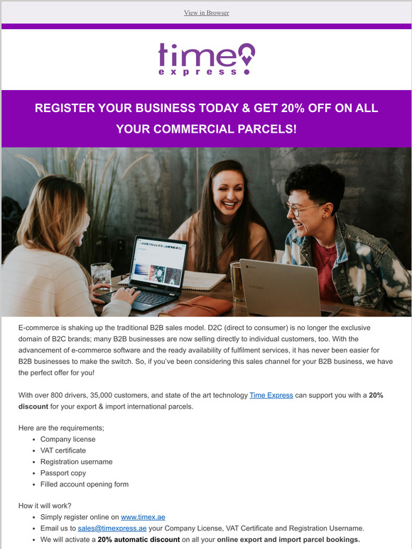 Time Express: Get 20% Off on all your Commercial Parcels! | Milled