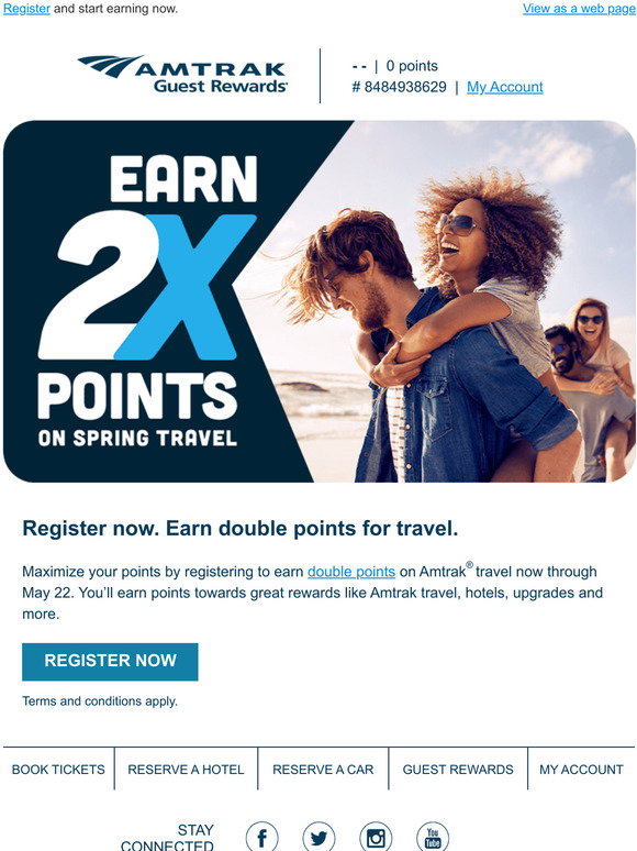 Amtrak: -register to earn 2X points on travel. | Milled