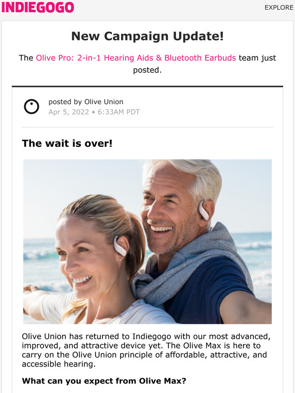 Indiegogo: Update #30 from Olive Pro: 2-in-1 Hearing Aids & Bluetooth ...