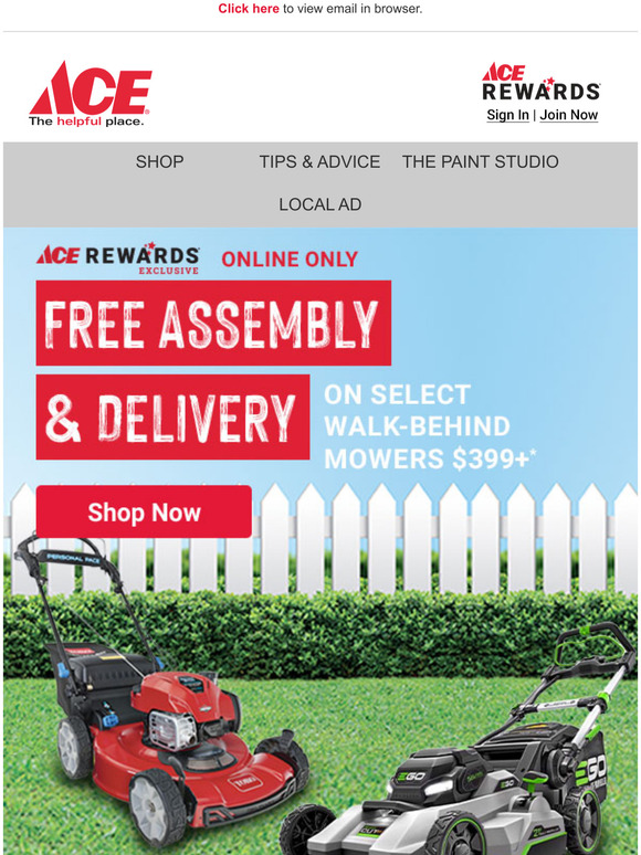 Ace Hardware: Free Assembly & Delivery on Lawn Mowers $399+ | Milled