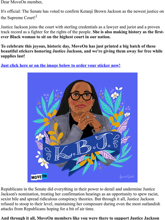 MoveOn: Can we send you a free sticker celebrating Justice Ketanji ...