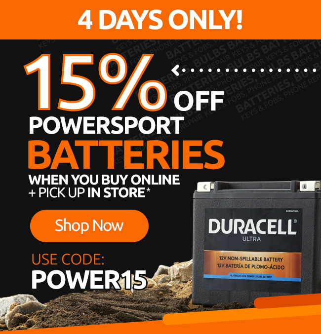 Batteries Plus: Shop now! 15% off powersport batteries | Milled
