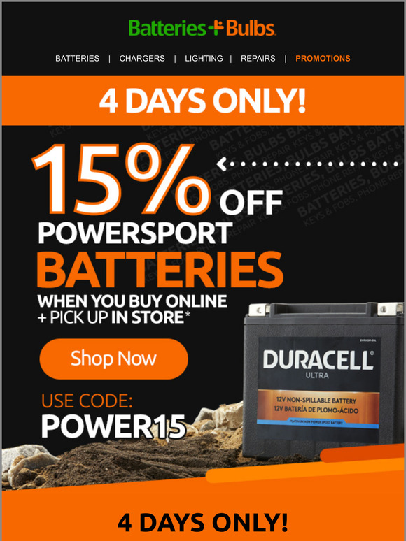 Batteries Plus: Shop now! 15% off powersport batteries | Milled