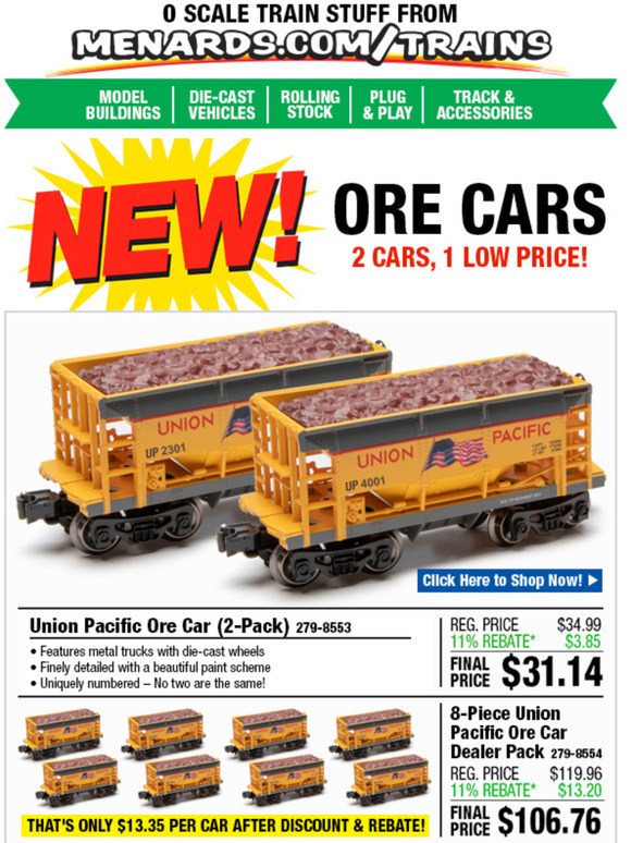 Menards: NEW! Ore Cars with 11% OFF*! | Milled