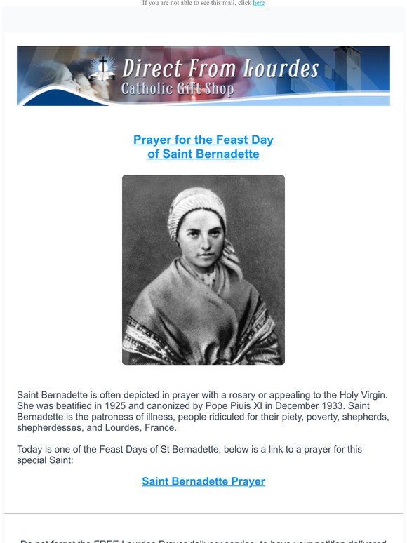 catholic gift shop ltd: Prayer - Feast of Saint Bernadette | Milled