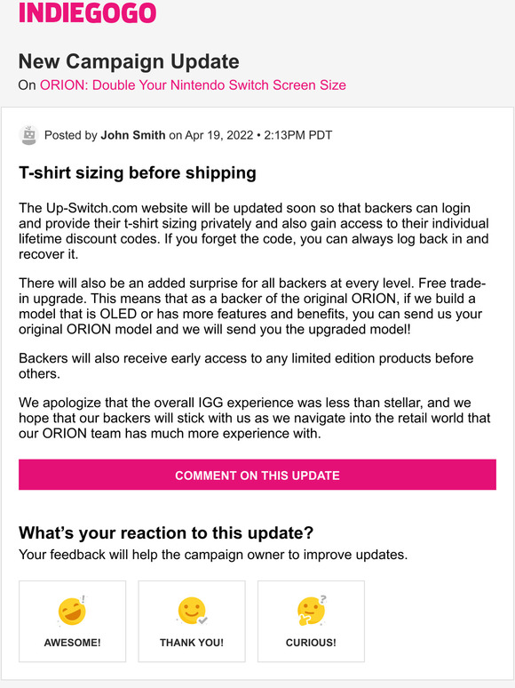 Indiegogo: Update #7 from ORION: Double Your Nintendo Switch Screen ...