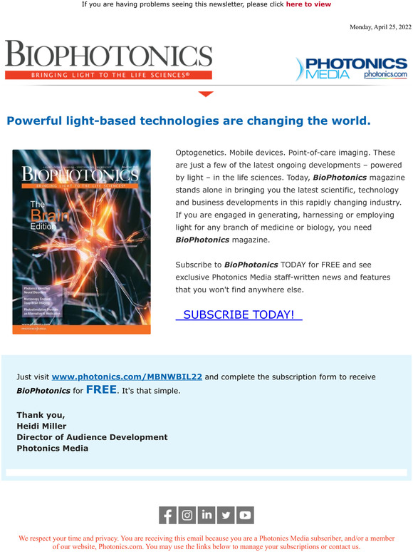 Photonics Media: Biophotonics Magazine Free Subscription | Milled