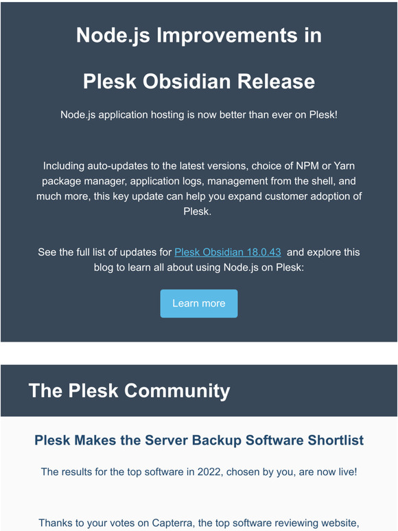 Plesk Performance Marketing Program: -Plesk support for Node.js is better than ever, and more ...