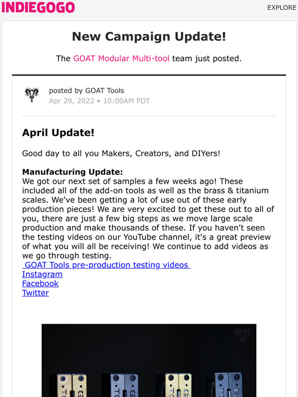 Indiegogo: Update #10 from GOAT Modular Multi-tool | Milled