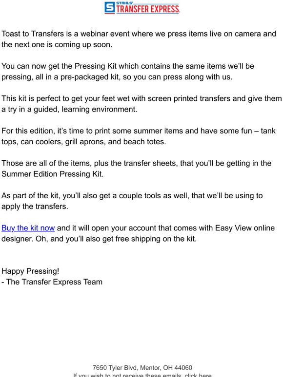 Stahls' Transfer Express: Pressing Kit now available | Milled