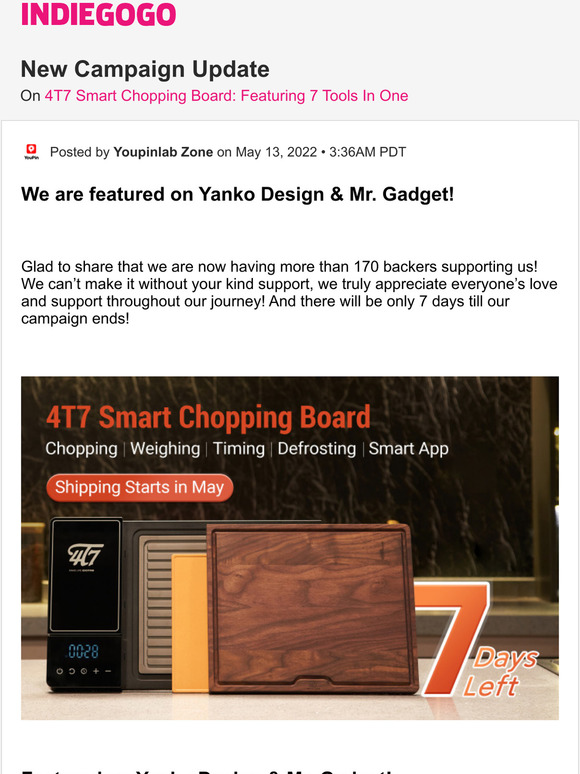 Indiegogo: Update #4 from 4T7 Smart Chopping Board: Featuring 7 Tools In One | Milled