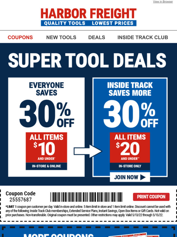 Harbor Freight Tools: Your Special Coupon Is Here - 30% off Items $10 ...