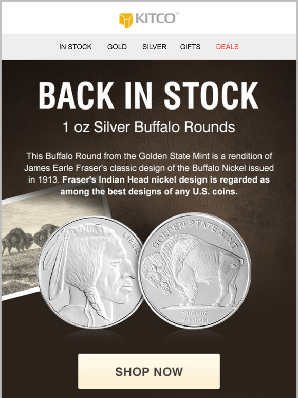 Kitco Metals: In Stock Now. 1 oz Silver Buffalo Rounds | Milled