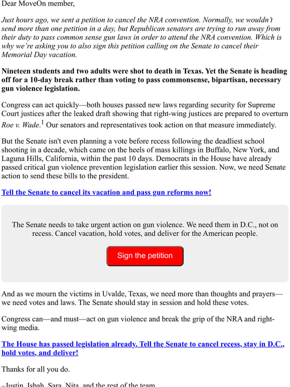MoveOn: SIGN: The Senate needs to cancel recess and pass gun reform ...