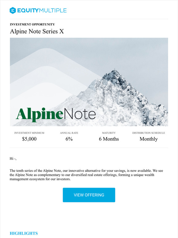 EquityMultiple: [New Offering] Alpine Note Series X | Milled