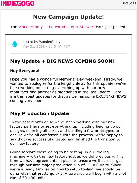 Indiegogo: Update #16 from WonderSpray - The Portable Butt Shower | Milled