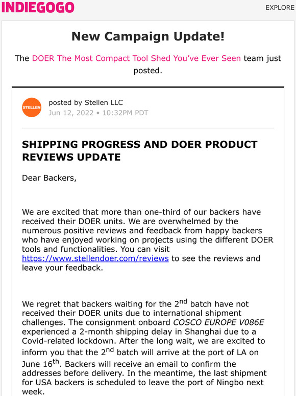 Indiegogo: 📢 Update #16 from DOER The Most Compact Tool Shed You’ve ...