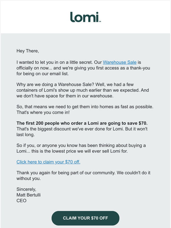 Lomi: Lomi Warehouse Sale - Letter From Our CEO | Milled