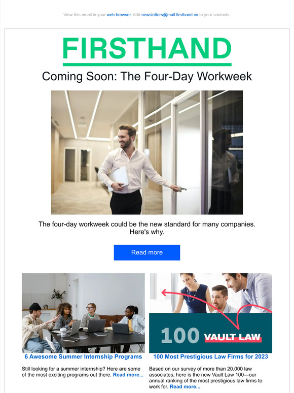 Vault: Coming Soon: The Four-Day Workweek + 6 Awesome Summer Internship Programs + 100 Most ...