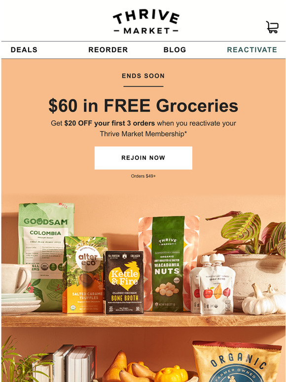 Thrive Market: Reminder: Get $60 in FREE groceries | Milled