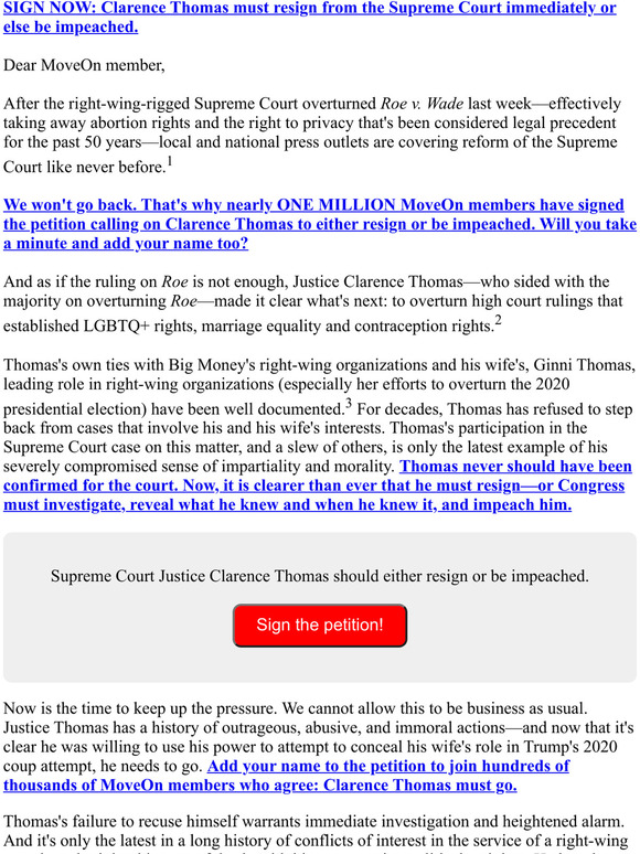MoveOn: Sign if you agree: Clarence Thomas must go | Milled
