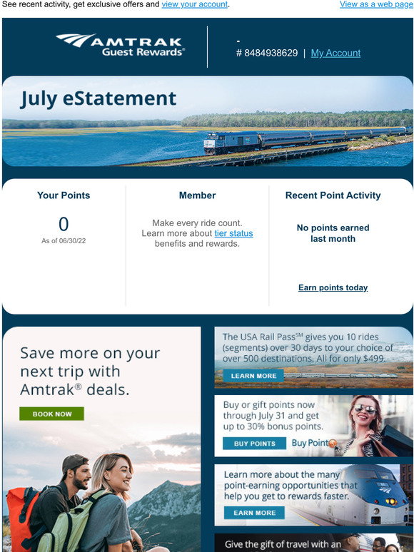 Amtrak: —, your July eStatement has arrived. Deals, earning points and ...