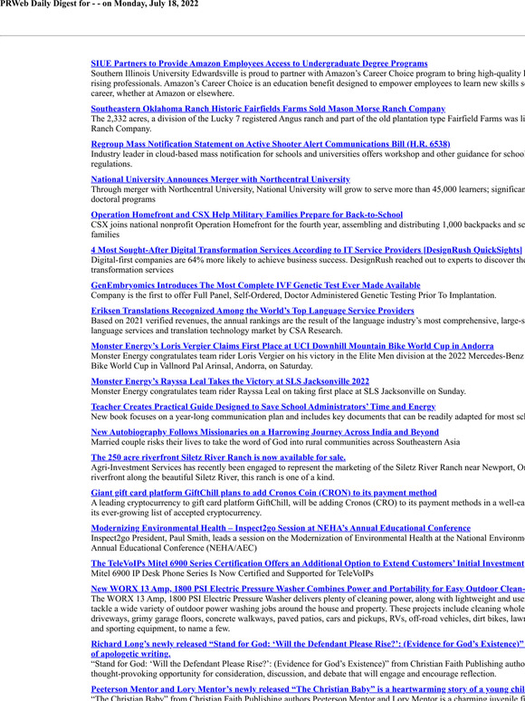 PRWeb: PRWeb Daily Digest for — — on Monday, July 18, 2022 | Milled