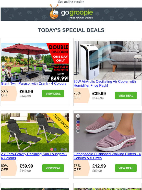 Go Groopie: £69 BARGAIN Giant Twin Parasol | Oscillating Air Cooler £39 ...