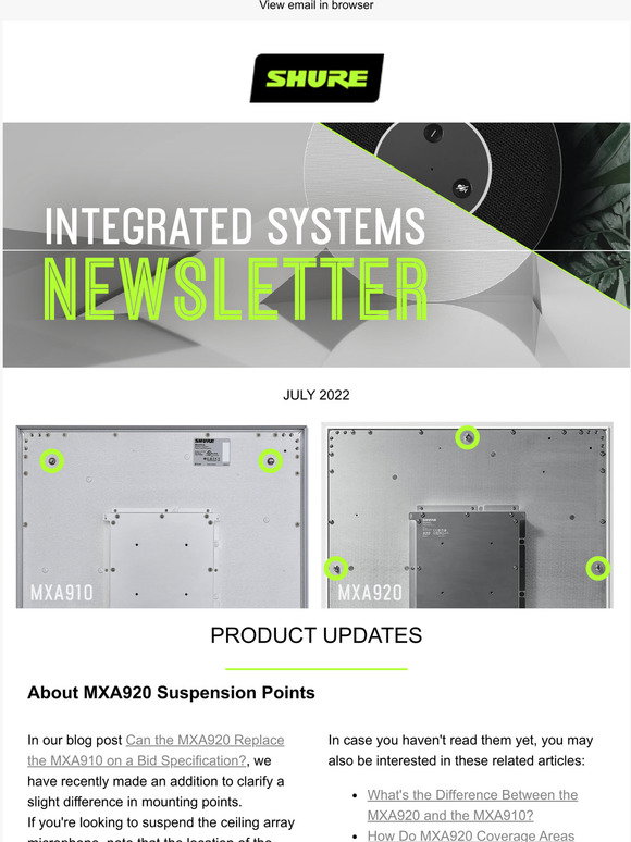 Shure: About MXA920 suspension mounting, Stem Ceiling certified for ...