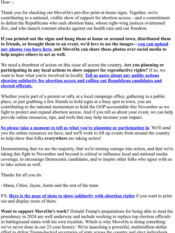 MoveOn: Next steps: Pro-Roe signs, events, and resources | Milled
