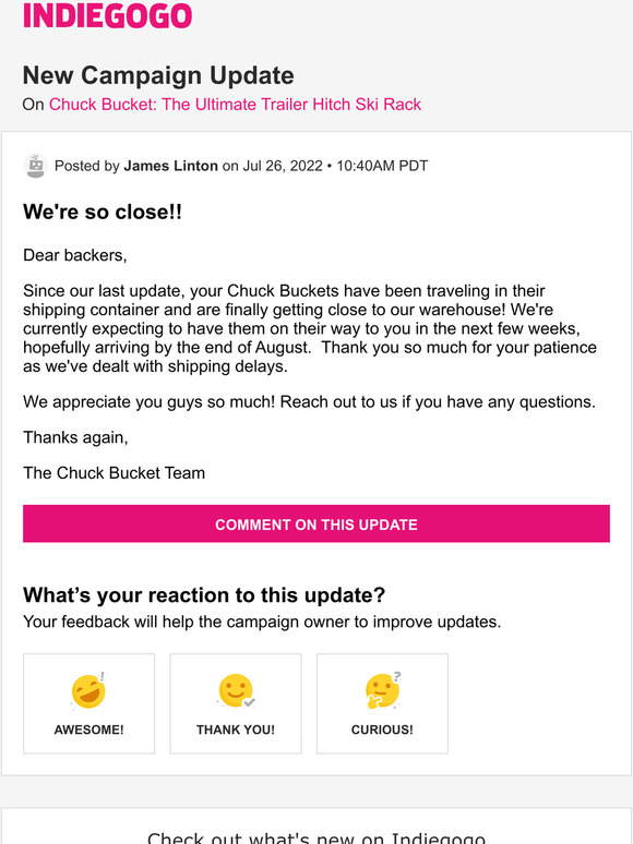 Indiegogo: 📢 Update #8 from Chuck Bucket: The Ultimate Trailer Hitch ...