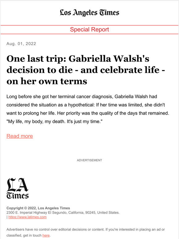 Los Angeles Times: One last trip: Gabriella Walsh’s decision to die ...