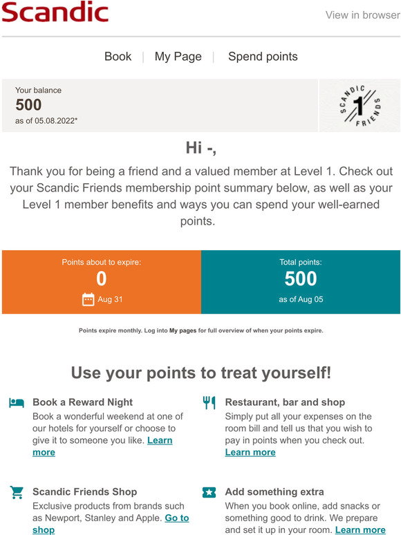 Scandic: —, here’s this month’s overview of your membership status ...