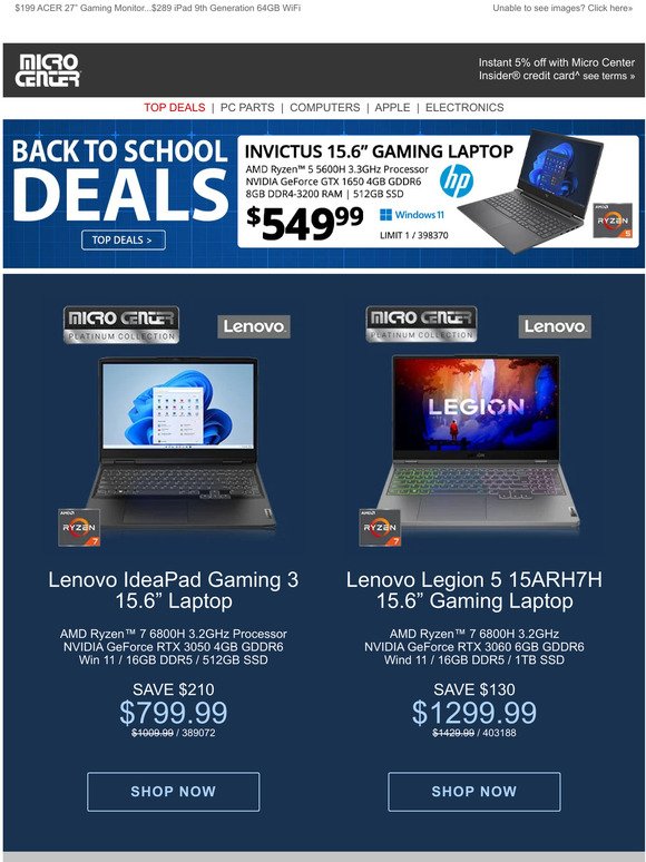 Micro Center: $799 Lenovo Ryzen 7 Gaming Laptop! $499 ACER Core i5 ...