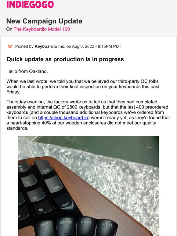 Indiegogo: 📢 Update #14 from The Keyboardio Model 100 | Milled